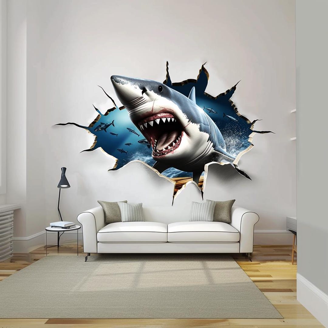 3D Crack White Shark Wall Sticker | Realistic Wall Hole Shark Decal ...