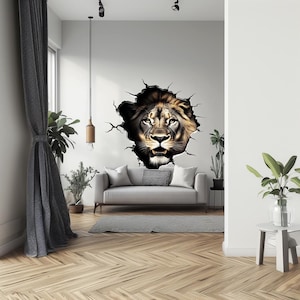 Lion Wall Decal | 3D Breakthrough Lion Head Sticker | Bold Animal Wall ...