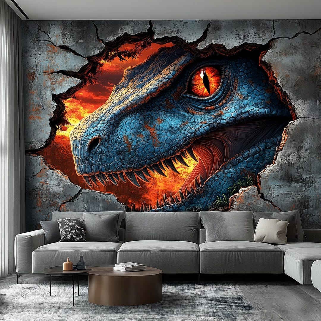 3D Dinosaur Wall Mural | Fierce Blue Raptor Wall Decal | Kids Dinosaur ...