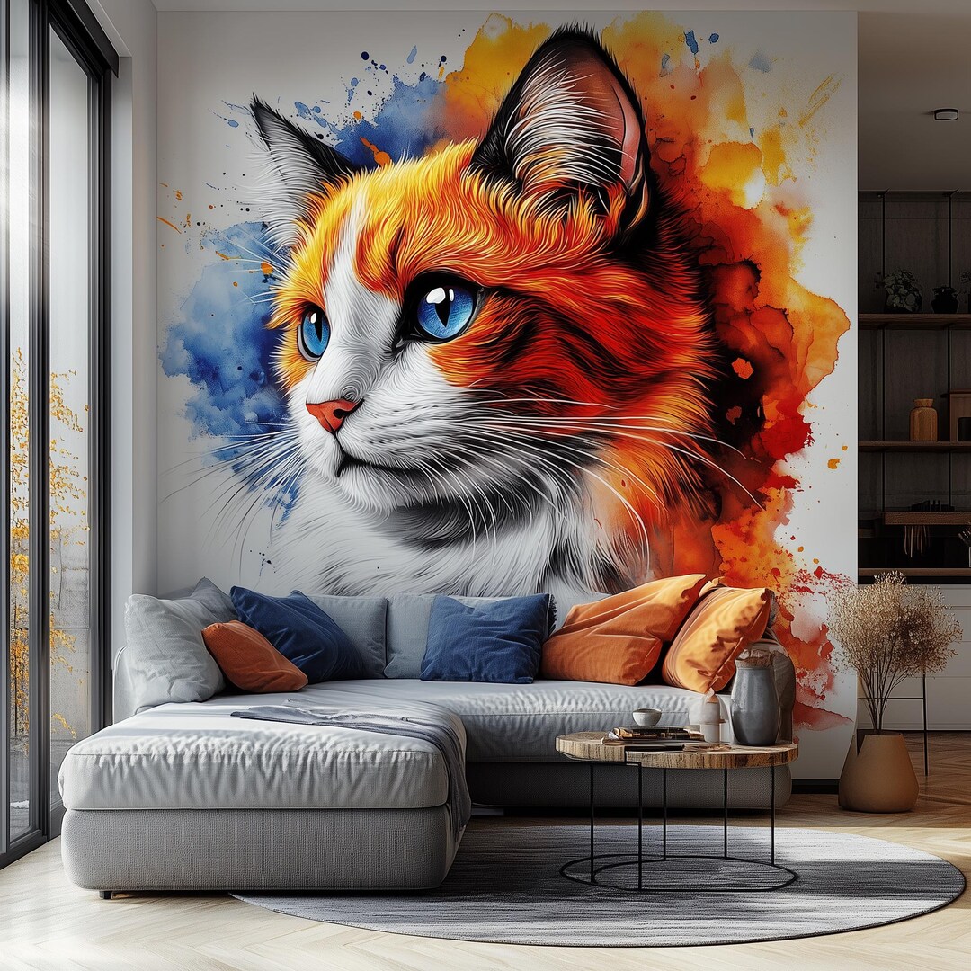 Cat Wall Decal | Blue Eyed Ginger Cat Watercolor Sticker | Artistic ...