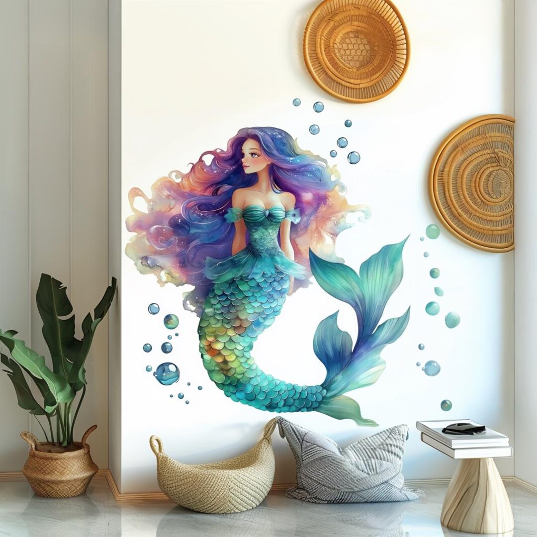 Beautiful Mermaid Wall Decal | Colorful 3D Ocean Theme Sticker | Girls ...
