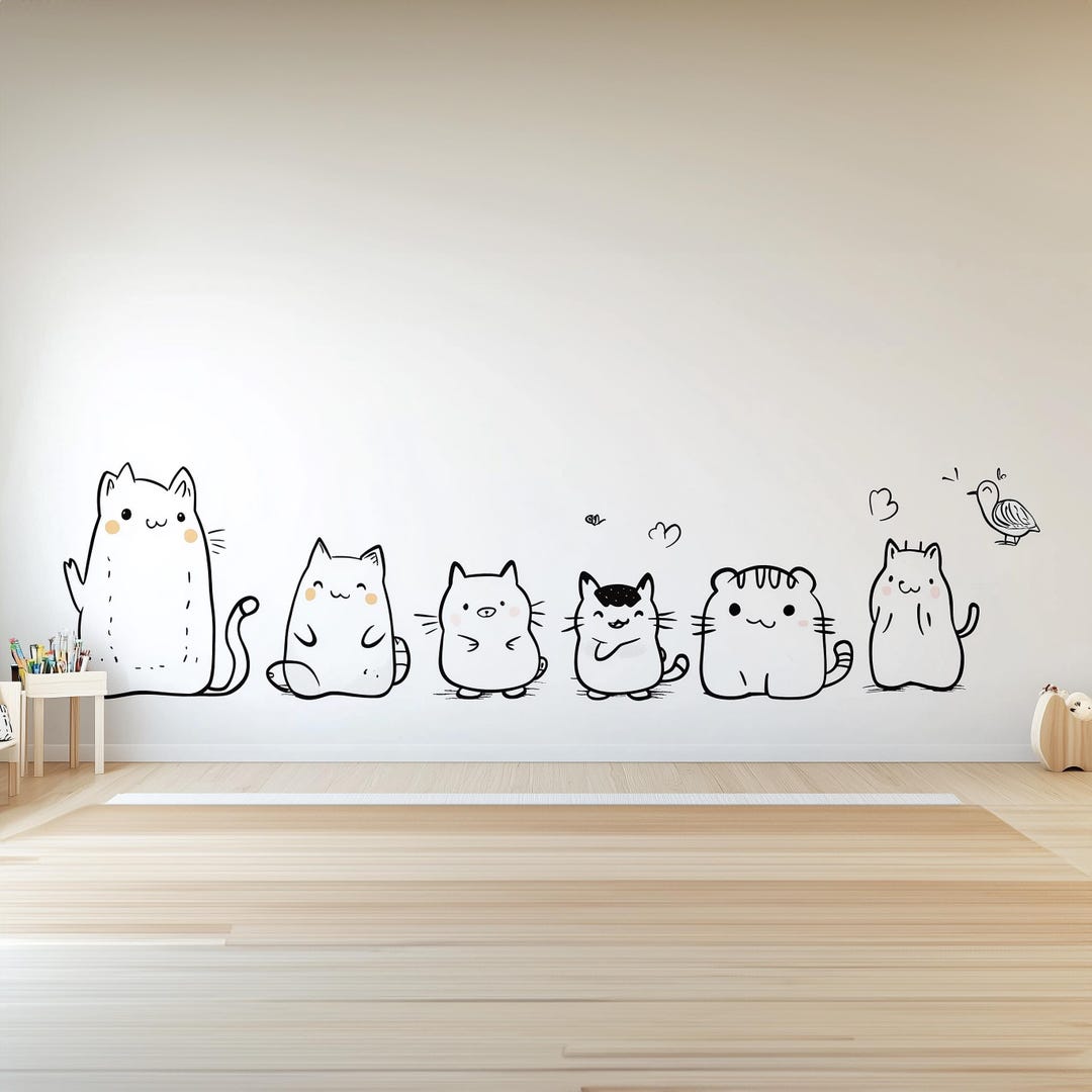 Cute Cat Wall Decal Set | Cartoon Animal Sticker Art for Kids Room ...
