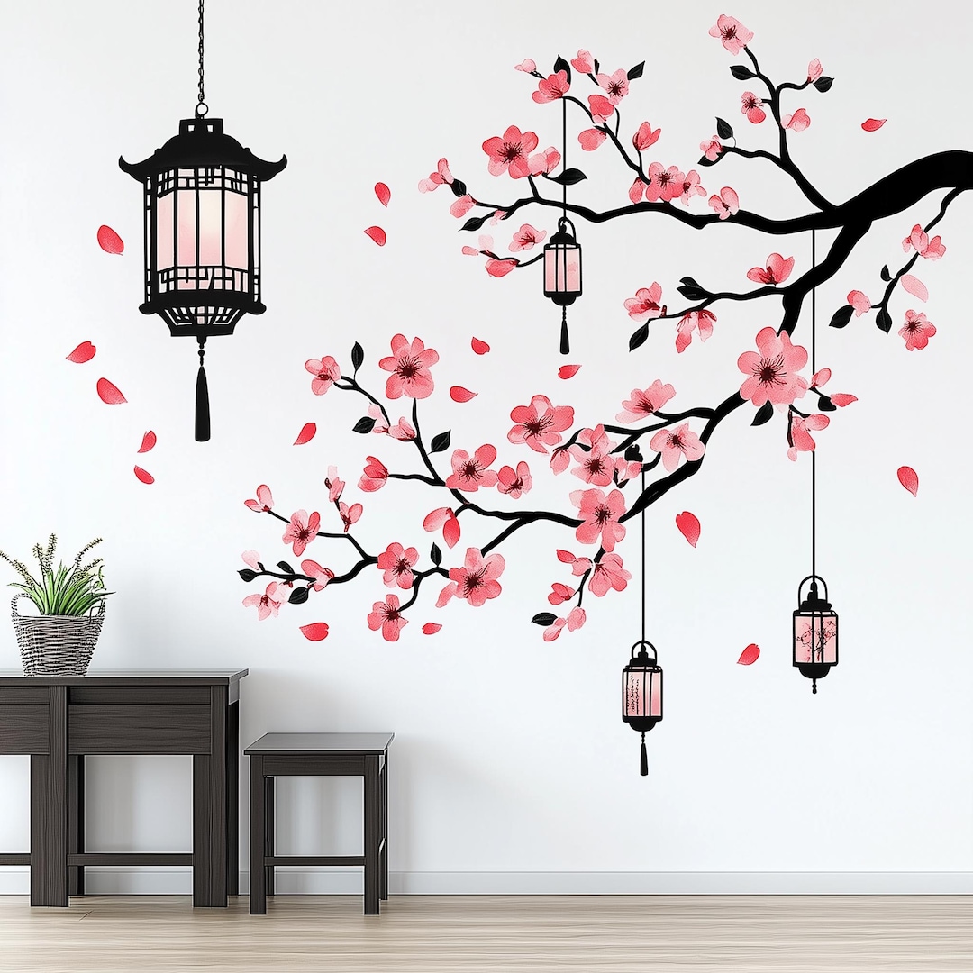 Cherry Blossom Wall Decal | Asian Lantern Tree Branch Vinyl Sticker ...