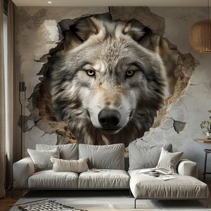 Realistic 3D Wolf Wall Decal Sticker - Majestic Wolf Breaking Through ...