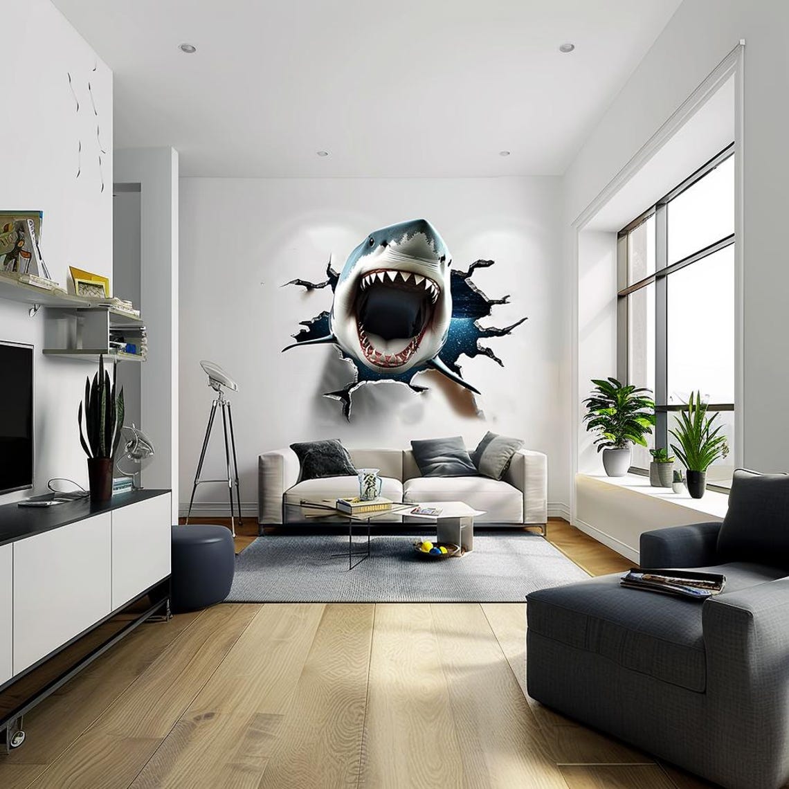3D White Shark Wall Decal | Realistic Shark With Open Jaws Wall Sticker ...