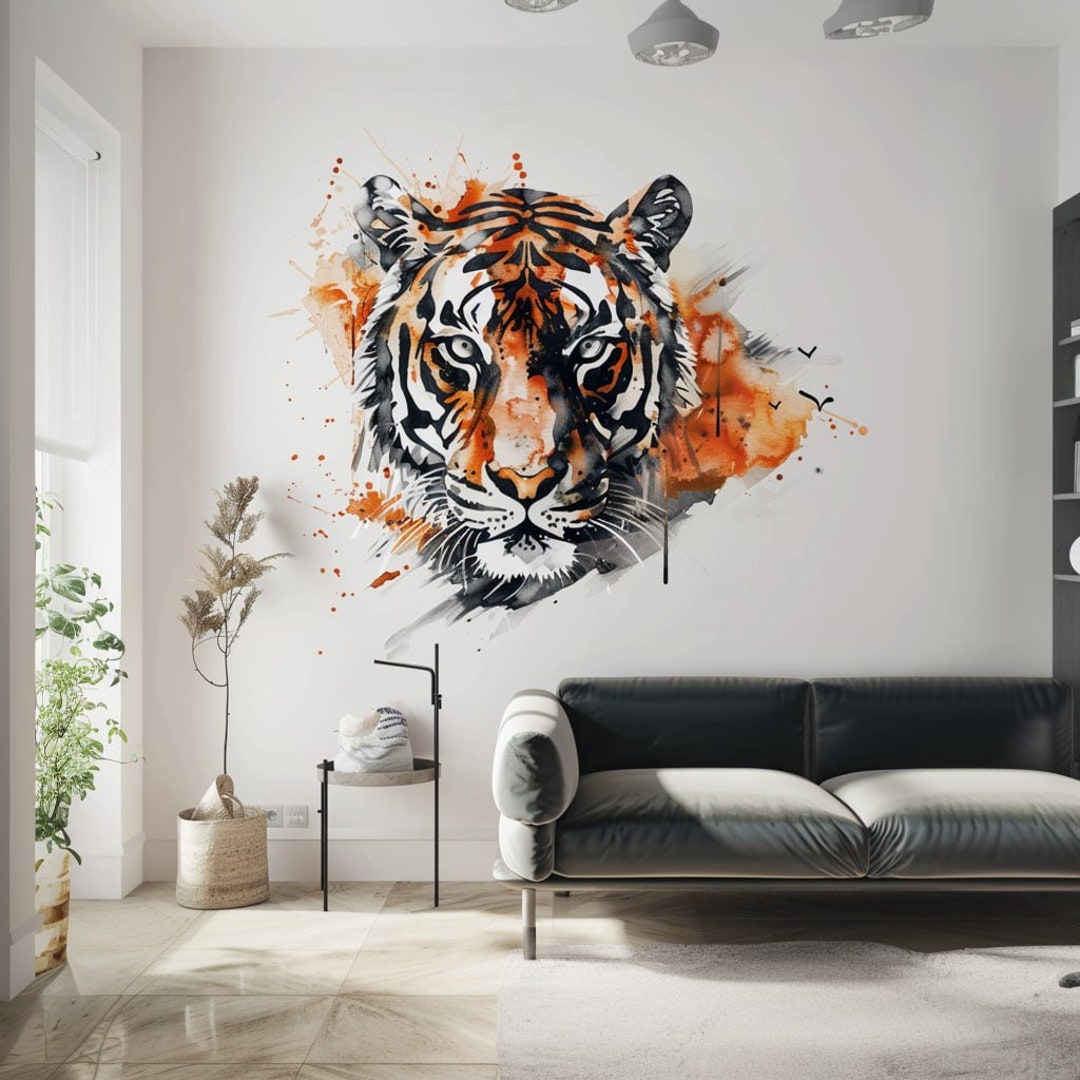 Watercolor Tiger Head Wall Art Sticker Decals - Vibrant Jungle Safari ...
