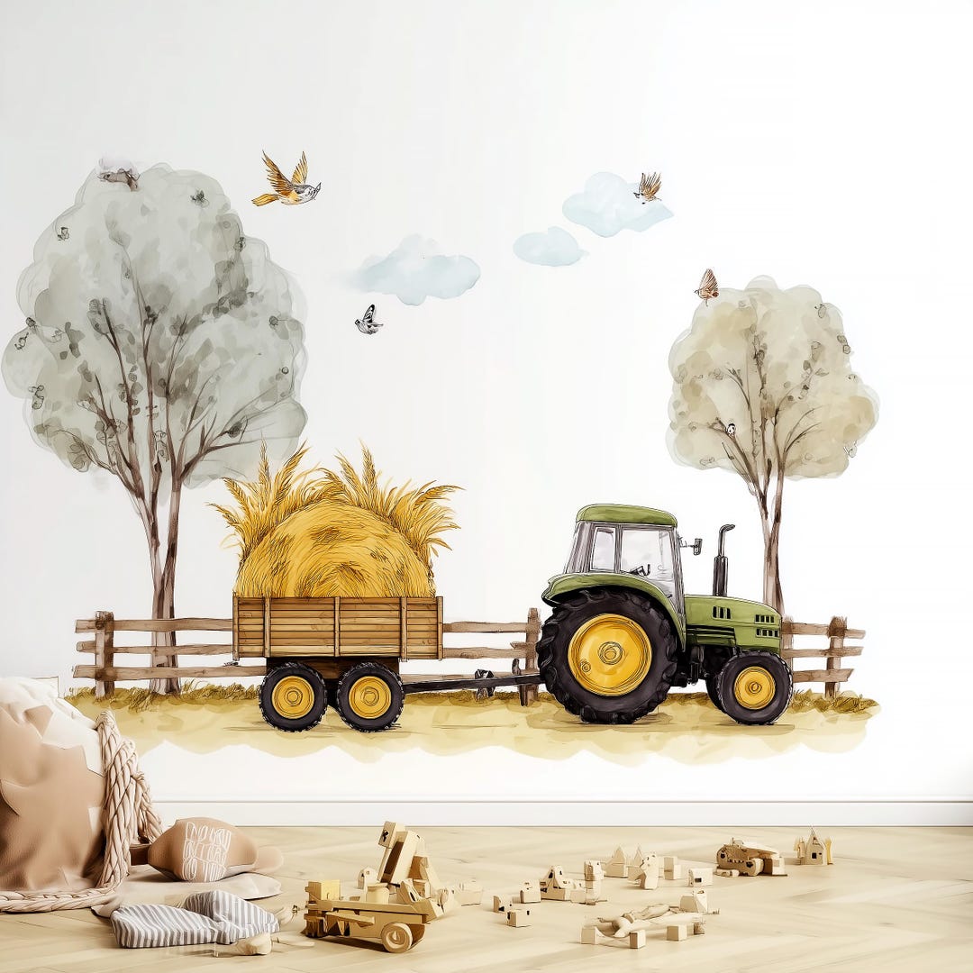 Farm Tractor Wall Decal With Hay Bale Trailer | Nursery Wall Sticker ...