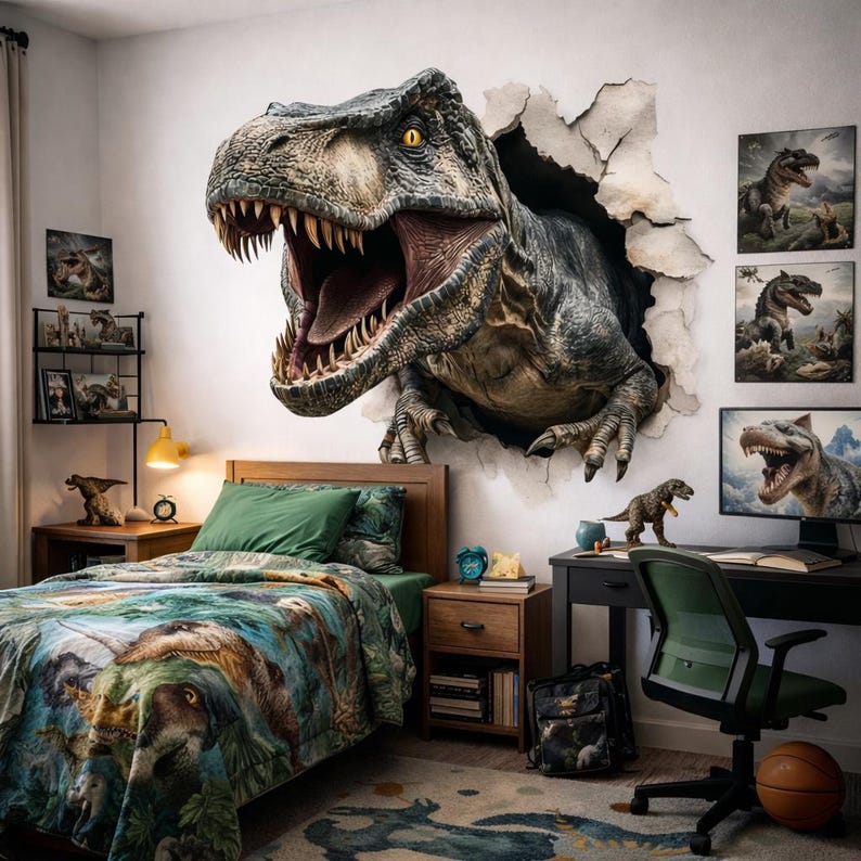 3D T-rex Wall Decal | Dinosaur Breakthrough Mural | T-rex Wall Smash ...