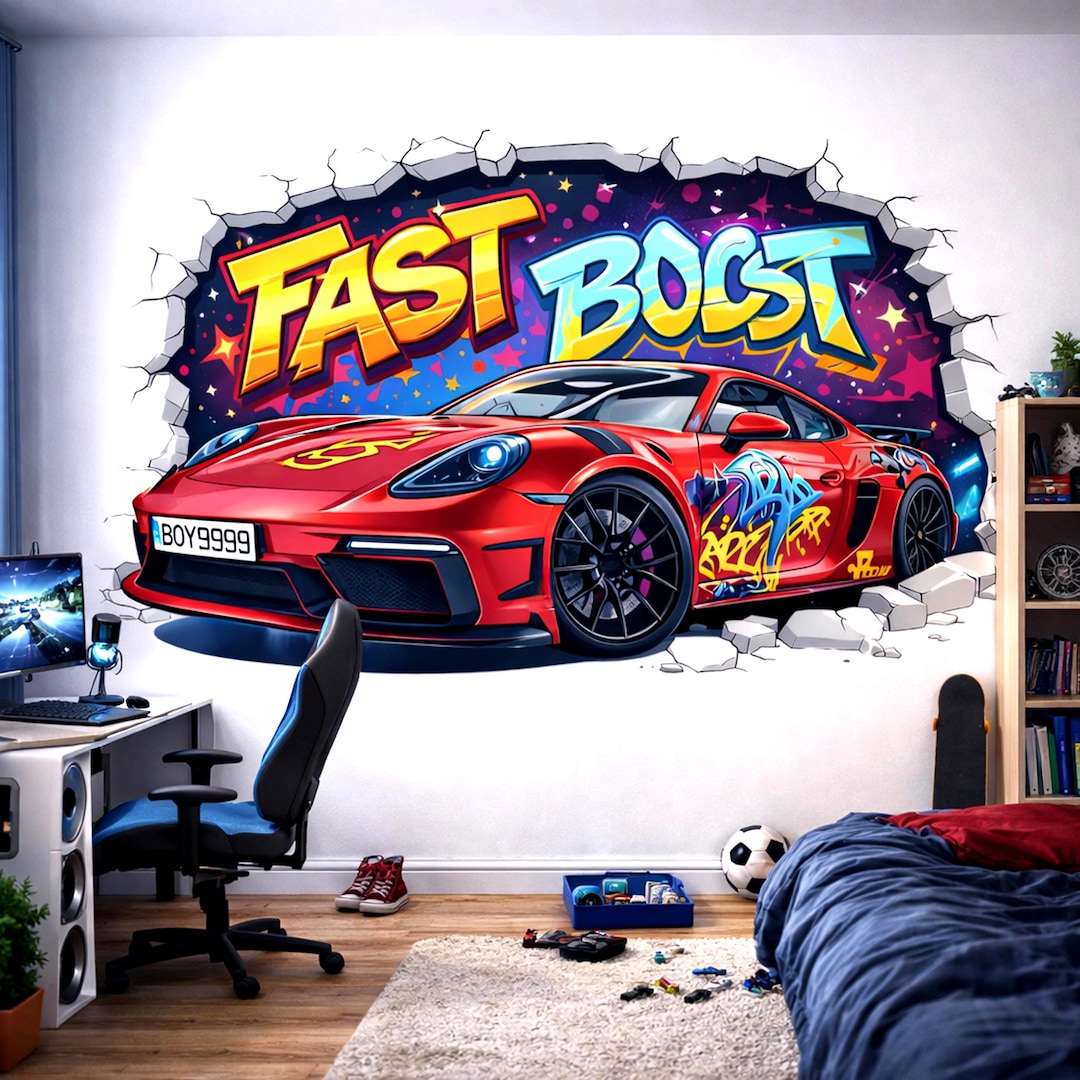 3D Race Car Wall Decal | Graffiti Sports Car Mural | Fast Boost Wall ...