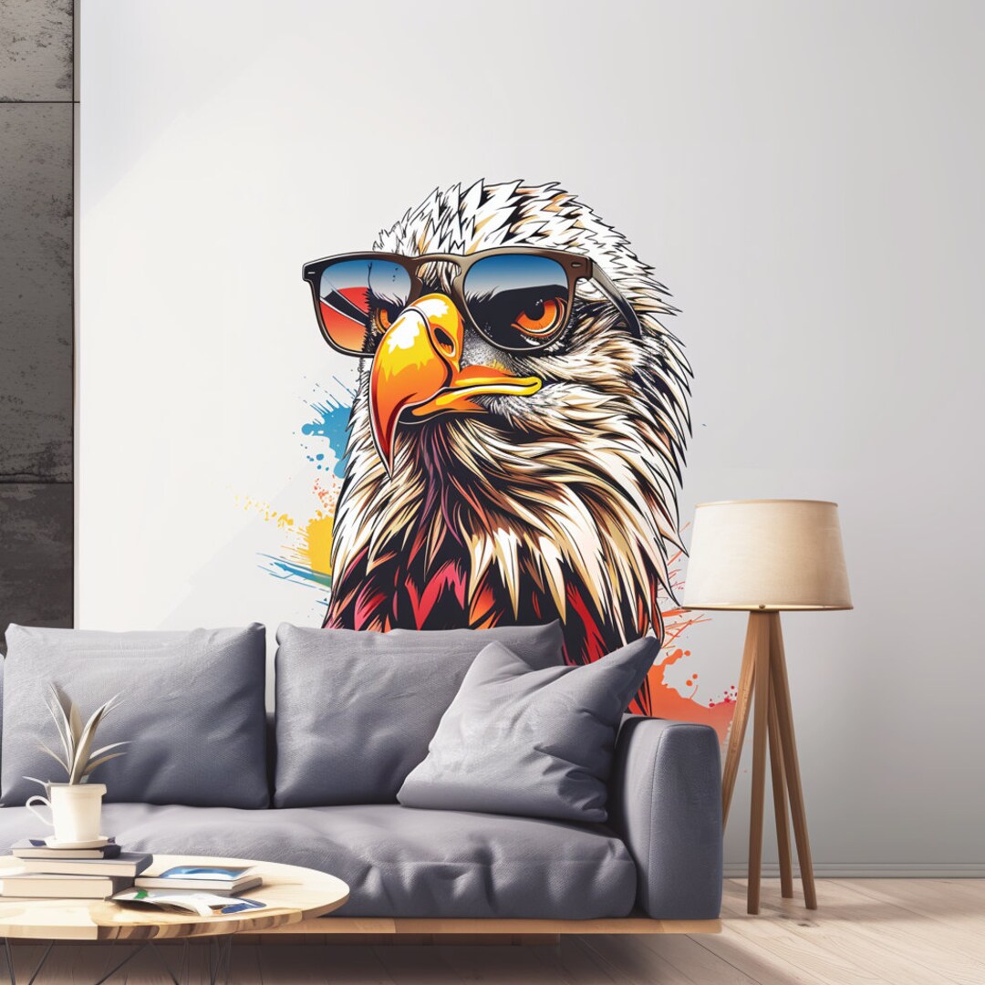 Bald Eagle With Sunglasses Wall Decal - Vibrant Watercolor Bird Sticker ...