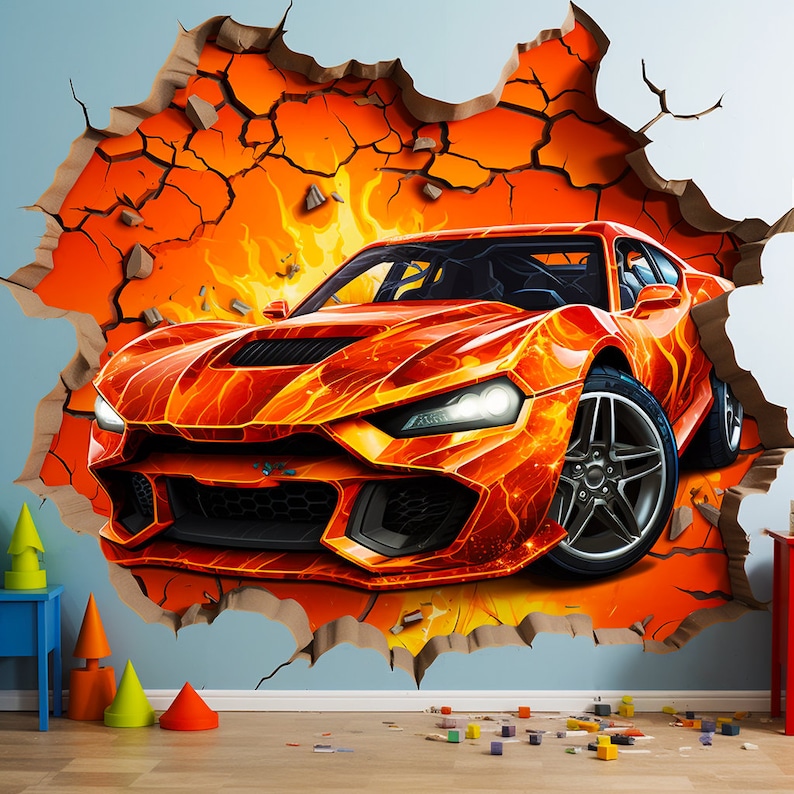 3D Fire Car Wall Sticker - Dynamic Crack Auto in Hole Art Decal - Boys ...