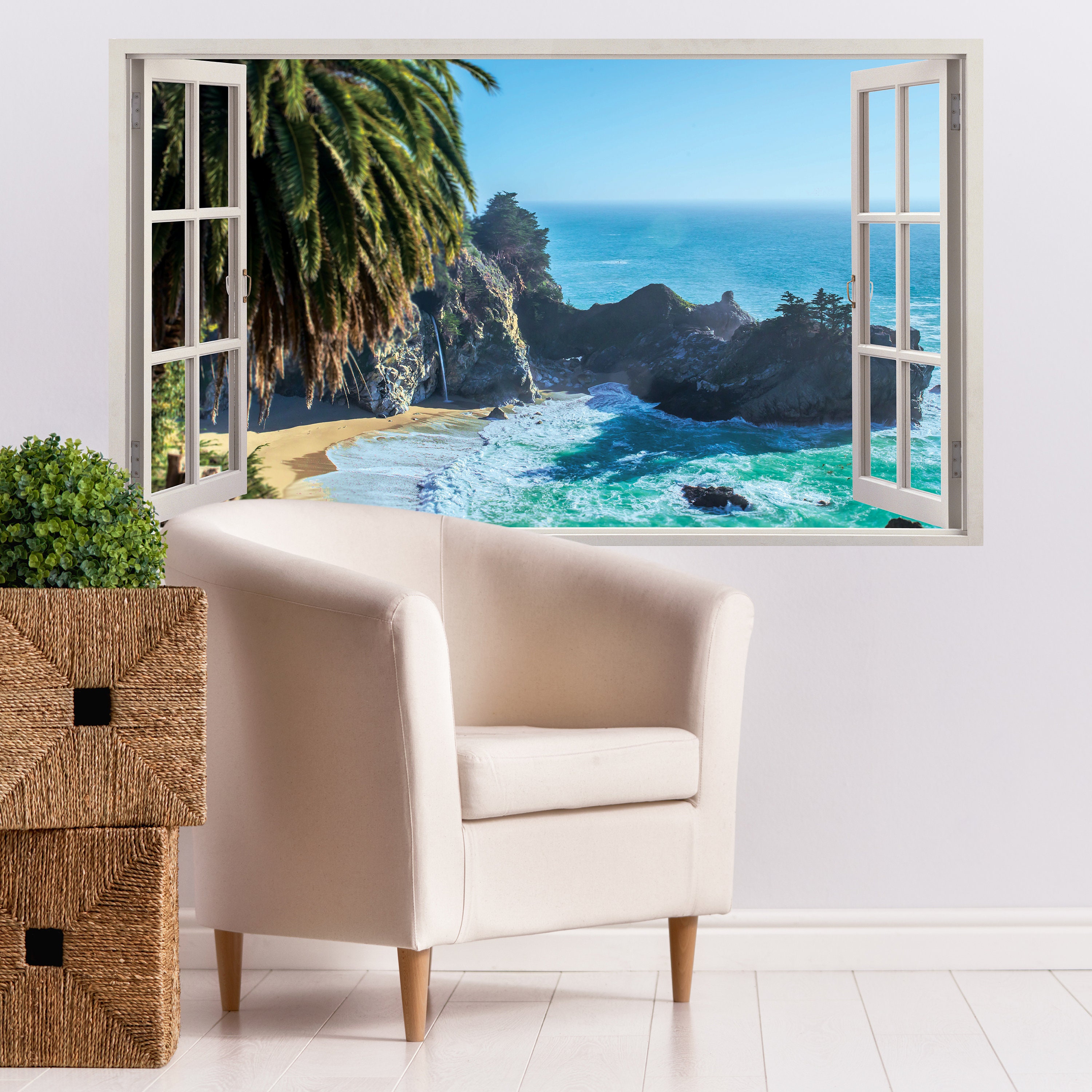 3d Window Beach View Wall Sticker - Removable Bedroom Ocean Scene Vinyl ...