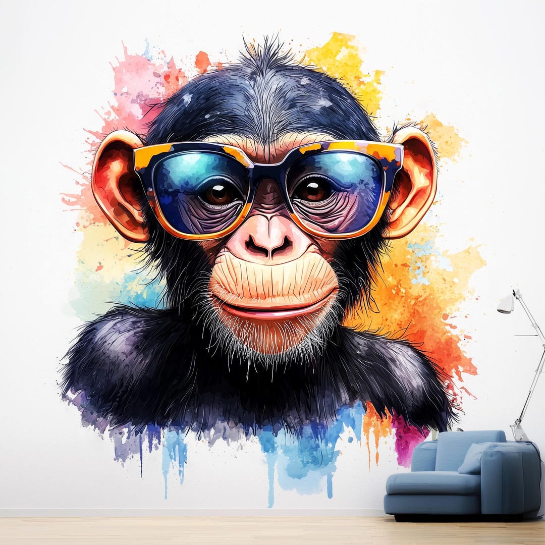 Colorful Baby Chimpanzee Wall Sticker | Cute Animal Decal | Playful ...