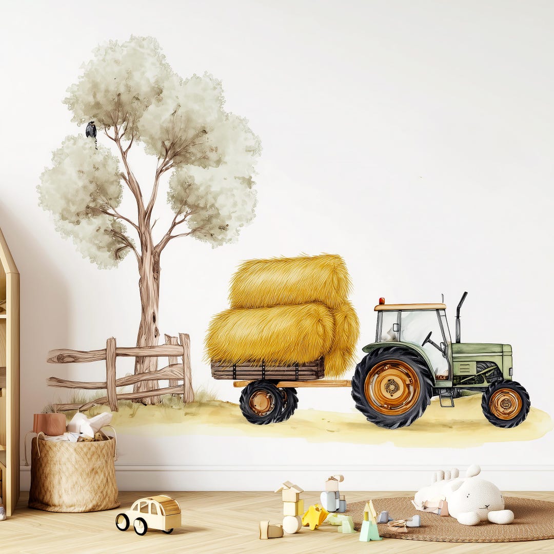 Farm Tractor Wall Decal Set | Tractor and Hay Trailer Sticker | Nursery ...