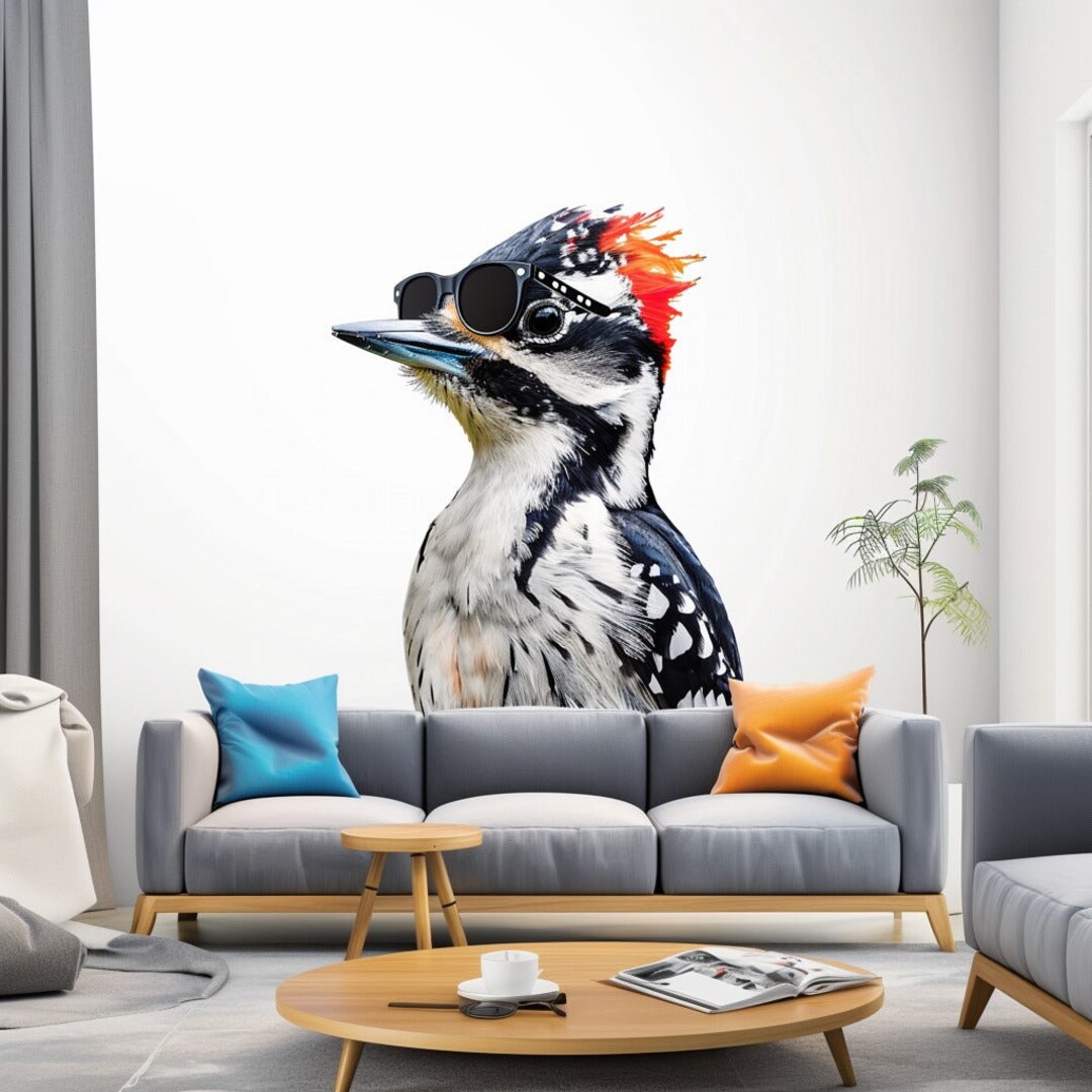 Downy Woodpecker Bird in Glasses Wall Sticker Decals - Unique Room ...