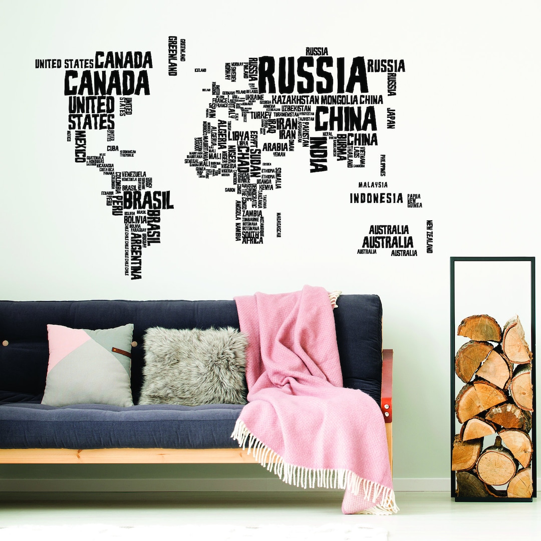 World Map Vinyl Wall Sticker - Country Name Word Kid Large Art Decor ...