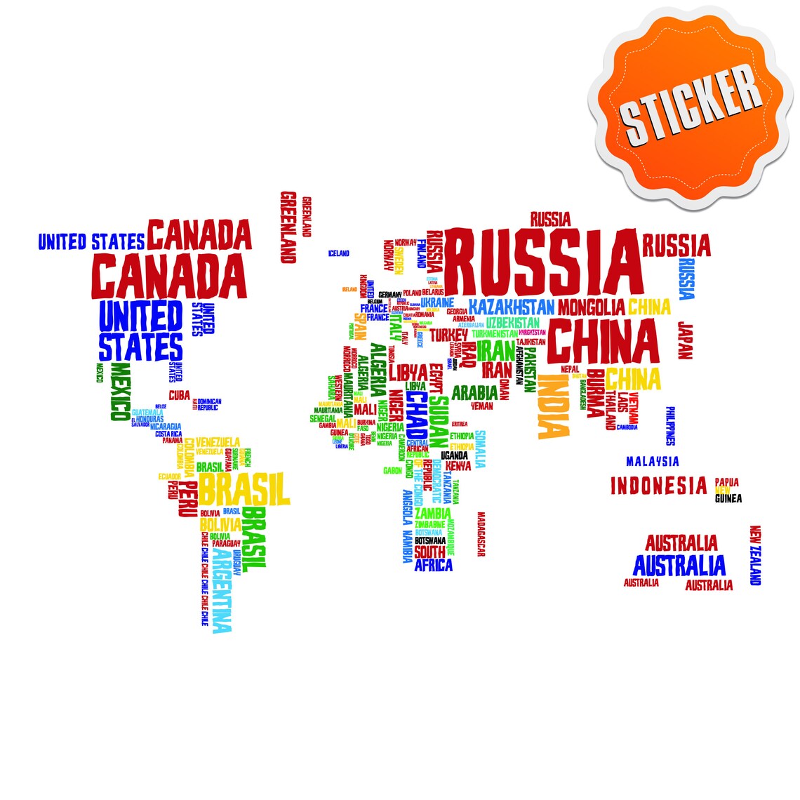 World Map Vinyl Wall Sticker - Country Name Word Kid Large Art Decor ...