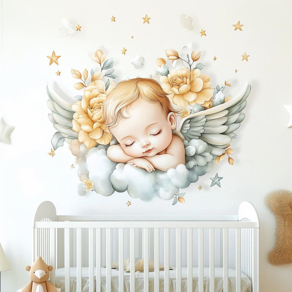 Angel Baby Wall Mural | Nursery Wall Decal With Flowers and Wings ...