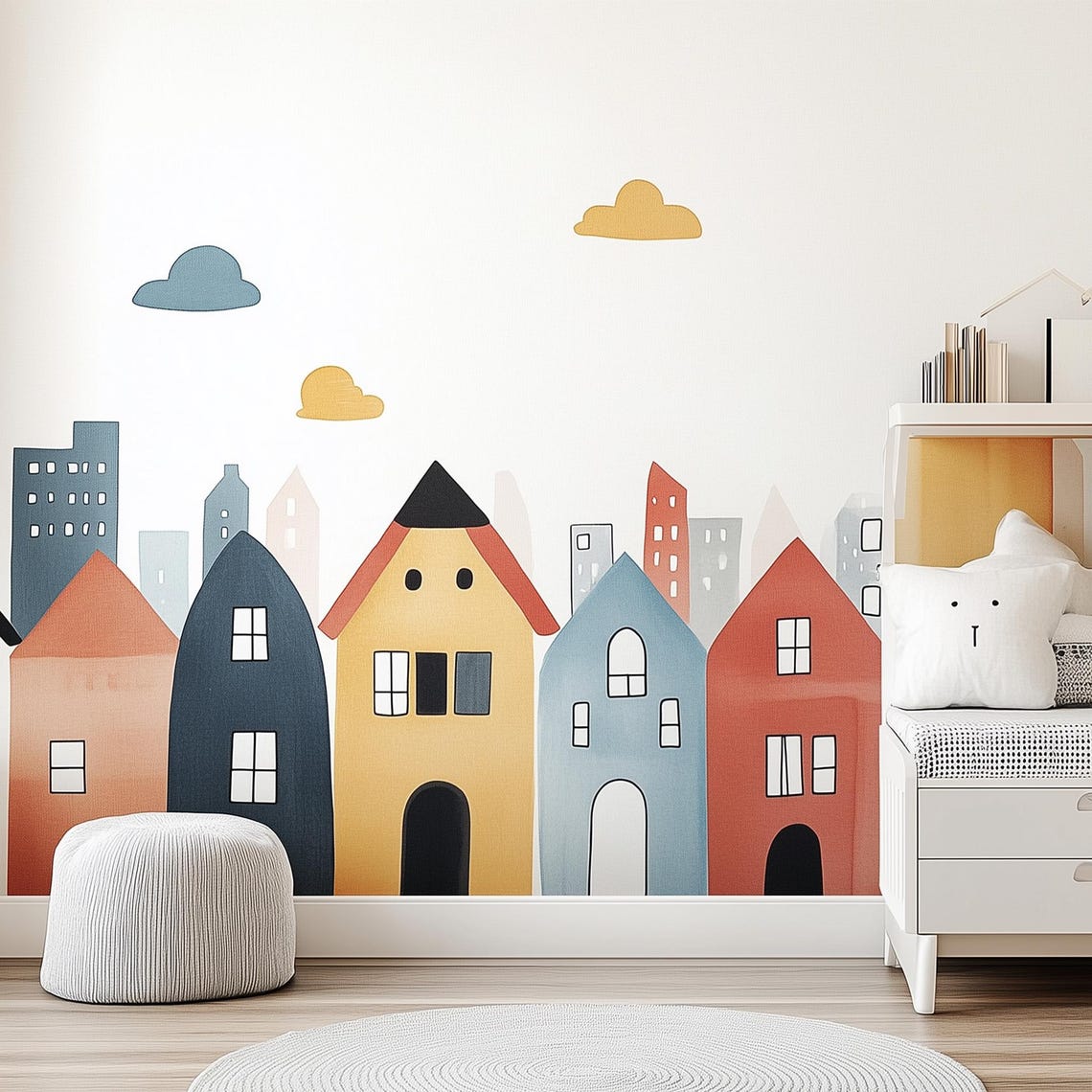 Colorful Town Wall Decal | Whimsical Cityscape Nursery Wall Sticker Art ...