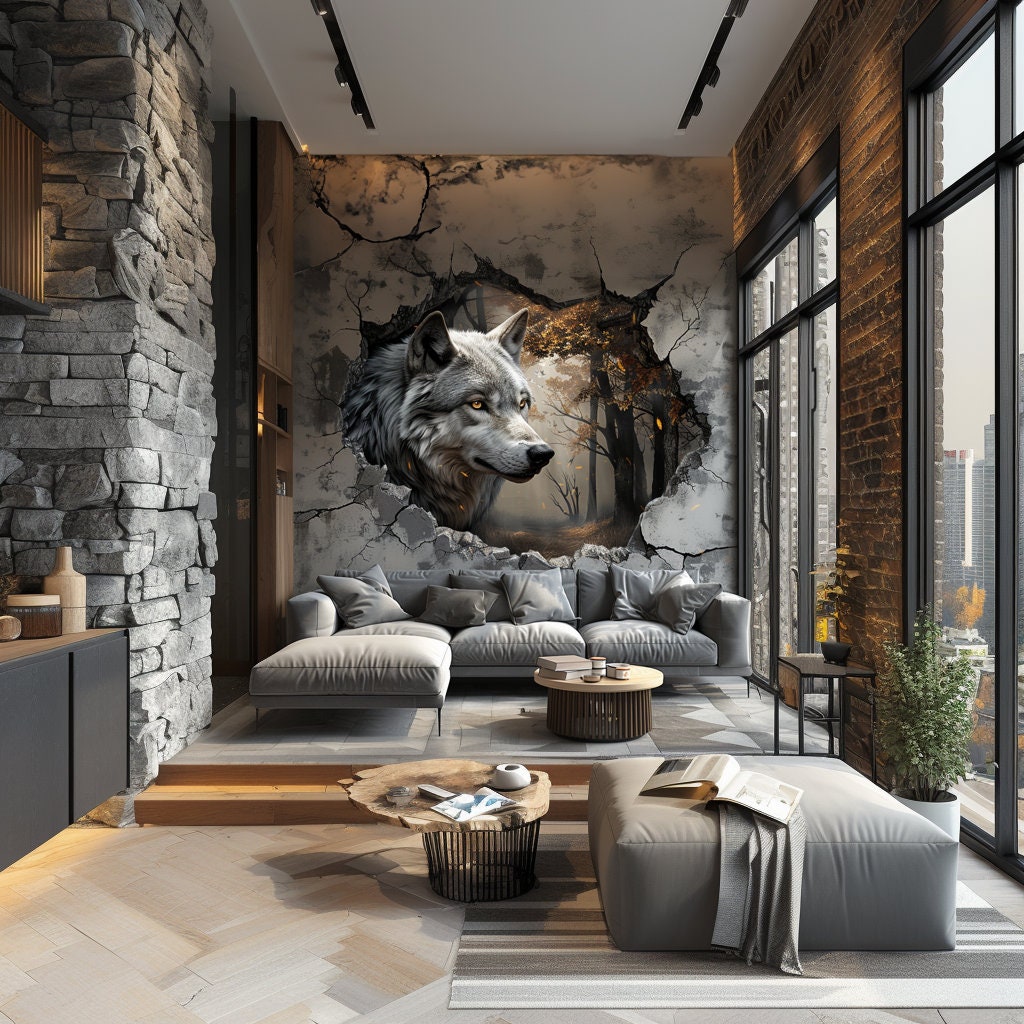Realistic 3D Wolf Forest Wall Decal Sticker - Majestic Wolf Breaking ...