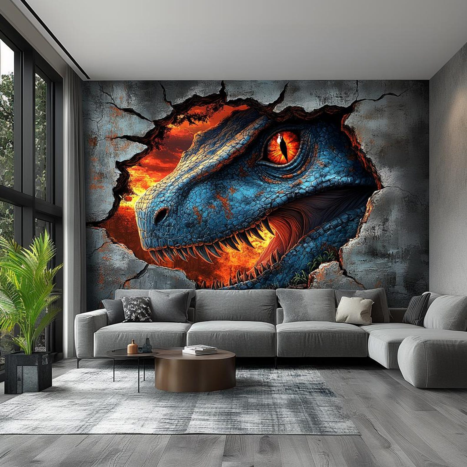3D Dinosaur Wall Mural | Fierce Blue Raptor Wall Decal | Kids Dinosaur ...