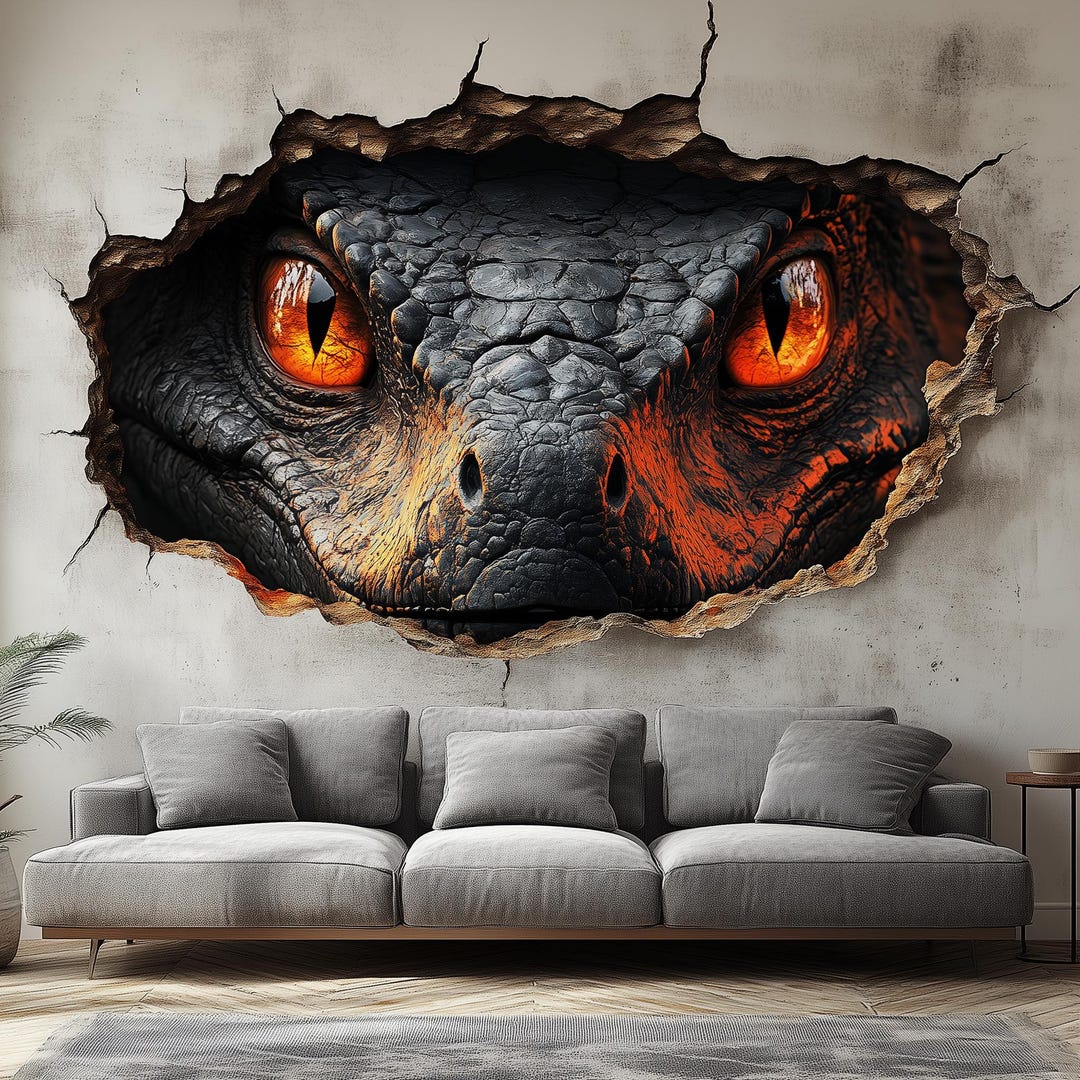 3D Fiery Dragon Wall Mural | Dragon Eyes Cracked Wall Sticker | Fantasy ...