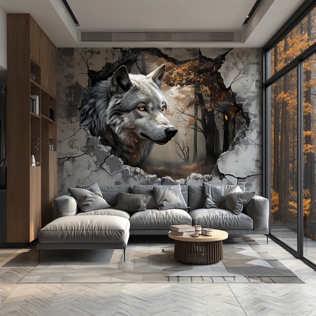 Realistic 3D Wolf Forest Wall Decal Sticker - Majestic Wolf Breaking ...