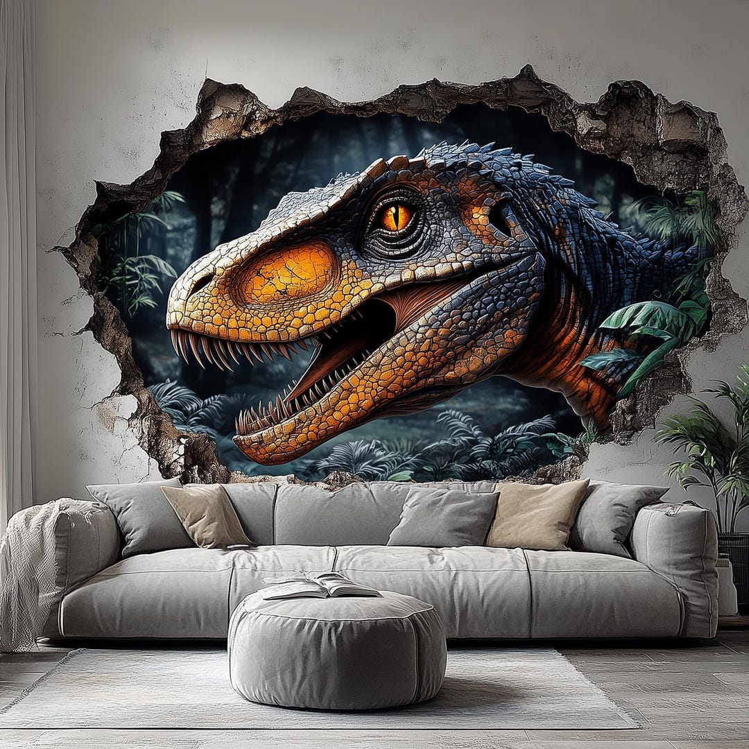 3D Dinosaur Wall Mural | Fierce Raptor Cracked Wall Decal | Jurassic ...