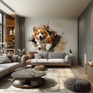 3D Corgi Dog Wall Decal - Playful Pet Sticker - Realistic Corgi Jumping ...