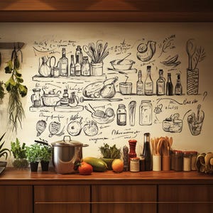 Black Kitchen Illustration Wall Sticker - Transparent Vinyl Wallpaper ...