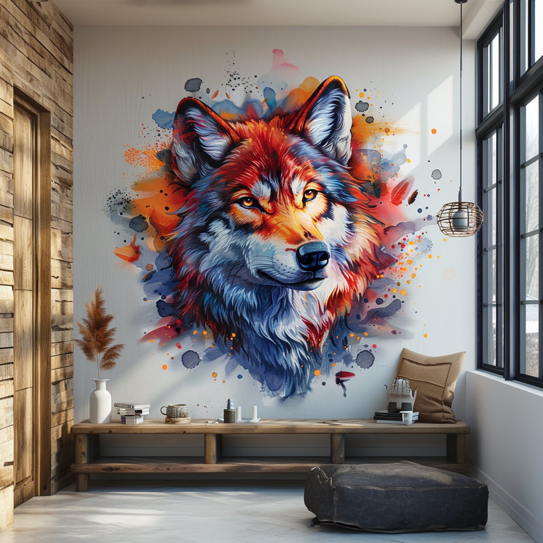 Vibrant Watercolor Wolf Head Wall Decal - Artistic Animal Sticker for ...