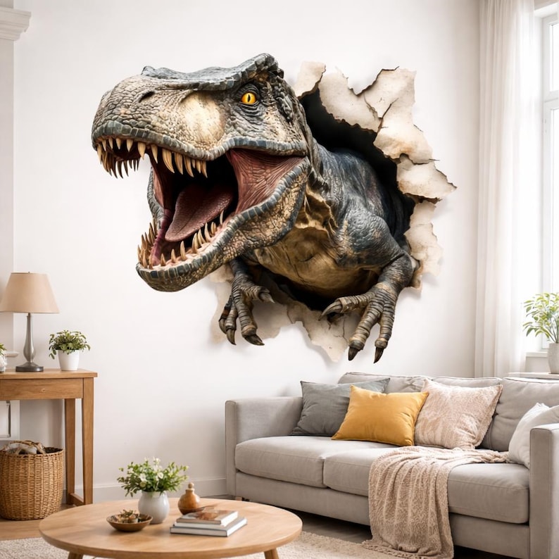 3D T-rex Wall Decal | Dinosaur Breakthrough Mural | T-rex Wall Smash ...
