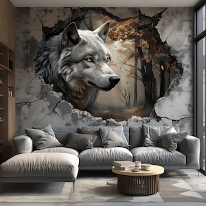 Realistic 3D Wolf Forest Wall Decal Sticker - Majestic Wolf Breaking ...
