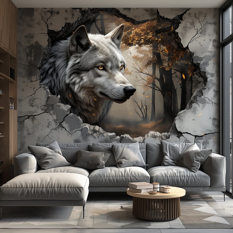 Realistic 3D Wolf Forest Wall Decal Sticker - Majestic Wolf Breaking ...