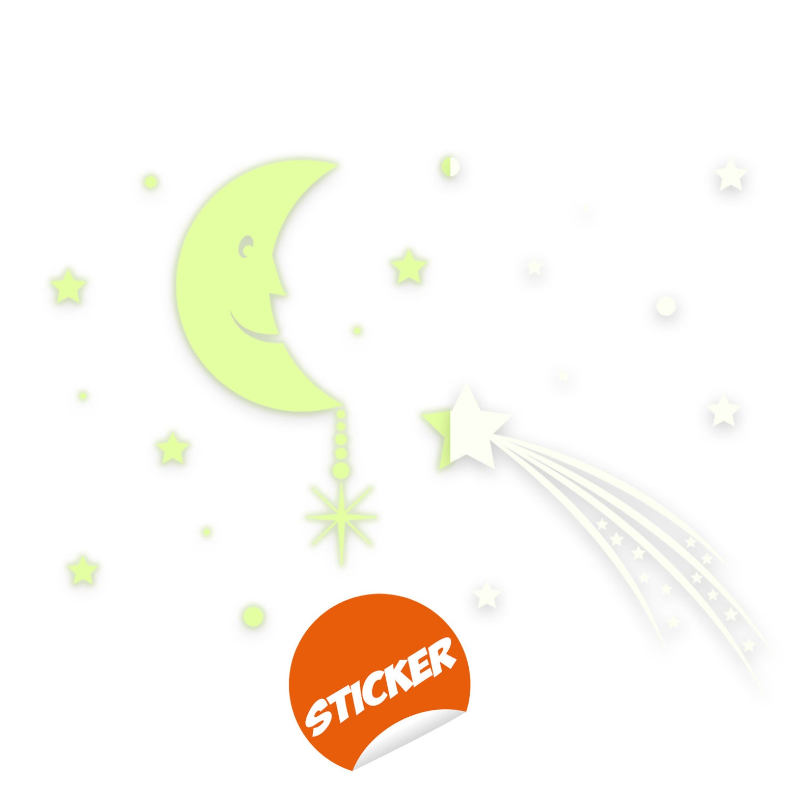 Glowing Moon With Stars Sky Sticker - Glow in the Dark Falling Star ...