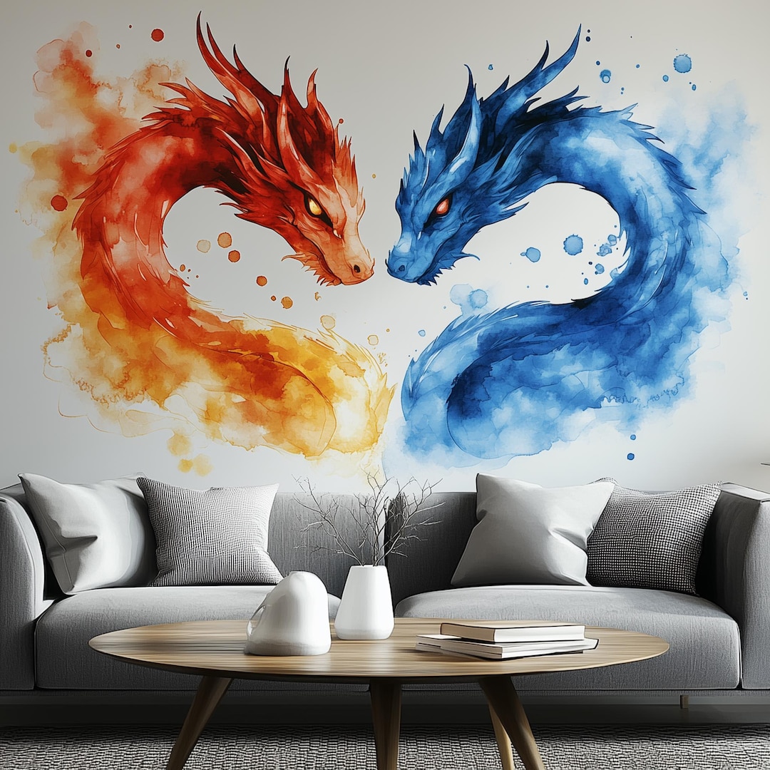 Watercolor Dragon Wall Decal | Fire Water Design | Fantasy Room Decor ...