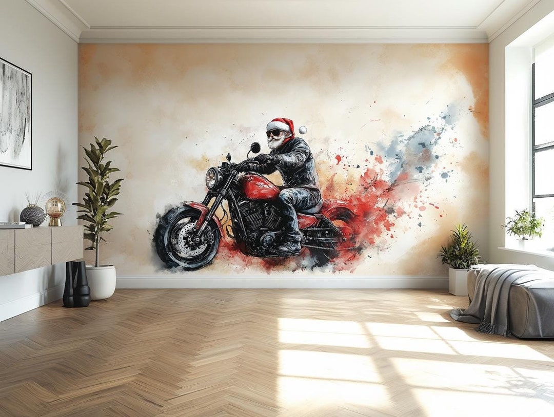 Biker Santa Wall Mural | Cool Christmas Decor | Santa on Motorcycle ...