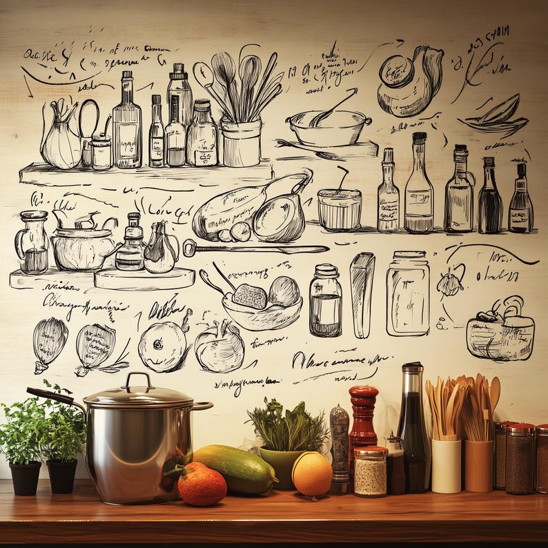 Black Kitchen Illustration Wall Sticker - Transparent Vinyl Wallpaper ...