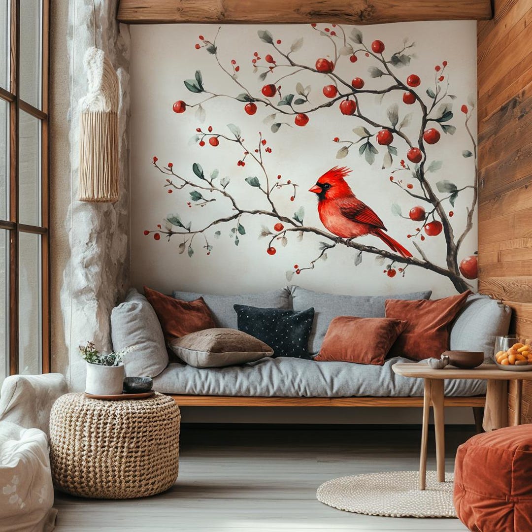 Cardinal Bird Wall Mural | Winter Nature Wall Art | Red Berry Branch ...