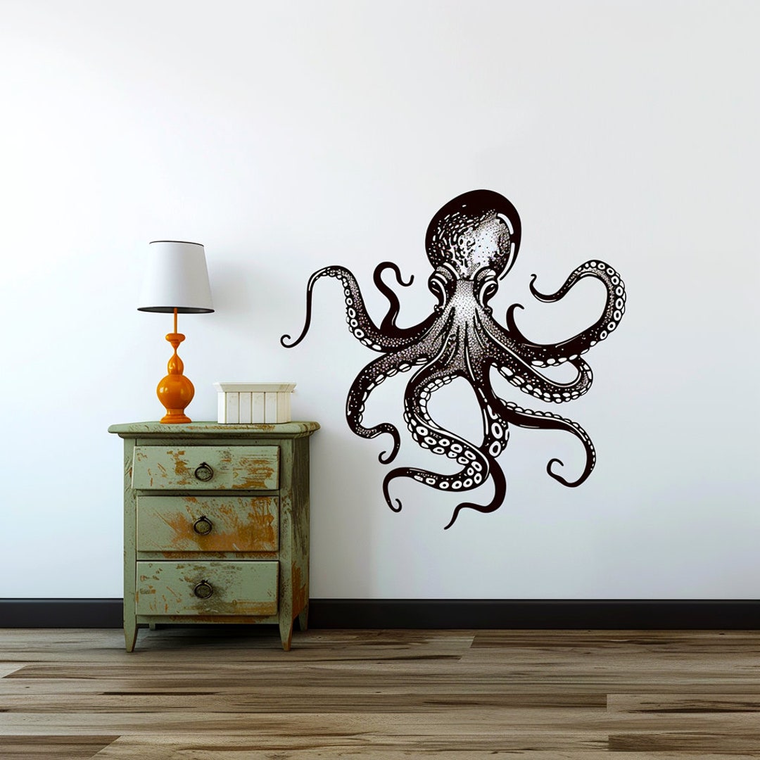 Elegant Octopus Wall Sticker Decals | Detailed Black Nautical Wall Art ...