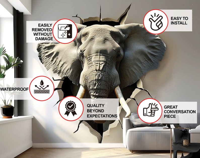 3D Elephant Head Wall Sticker - Realistic Broken Illusion Effect Vinyl ...