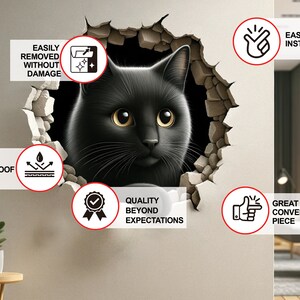 3D Cat Art Wall Sticker - Cracked Illusion Kitty Vinyl Decor - Peel-and ...