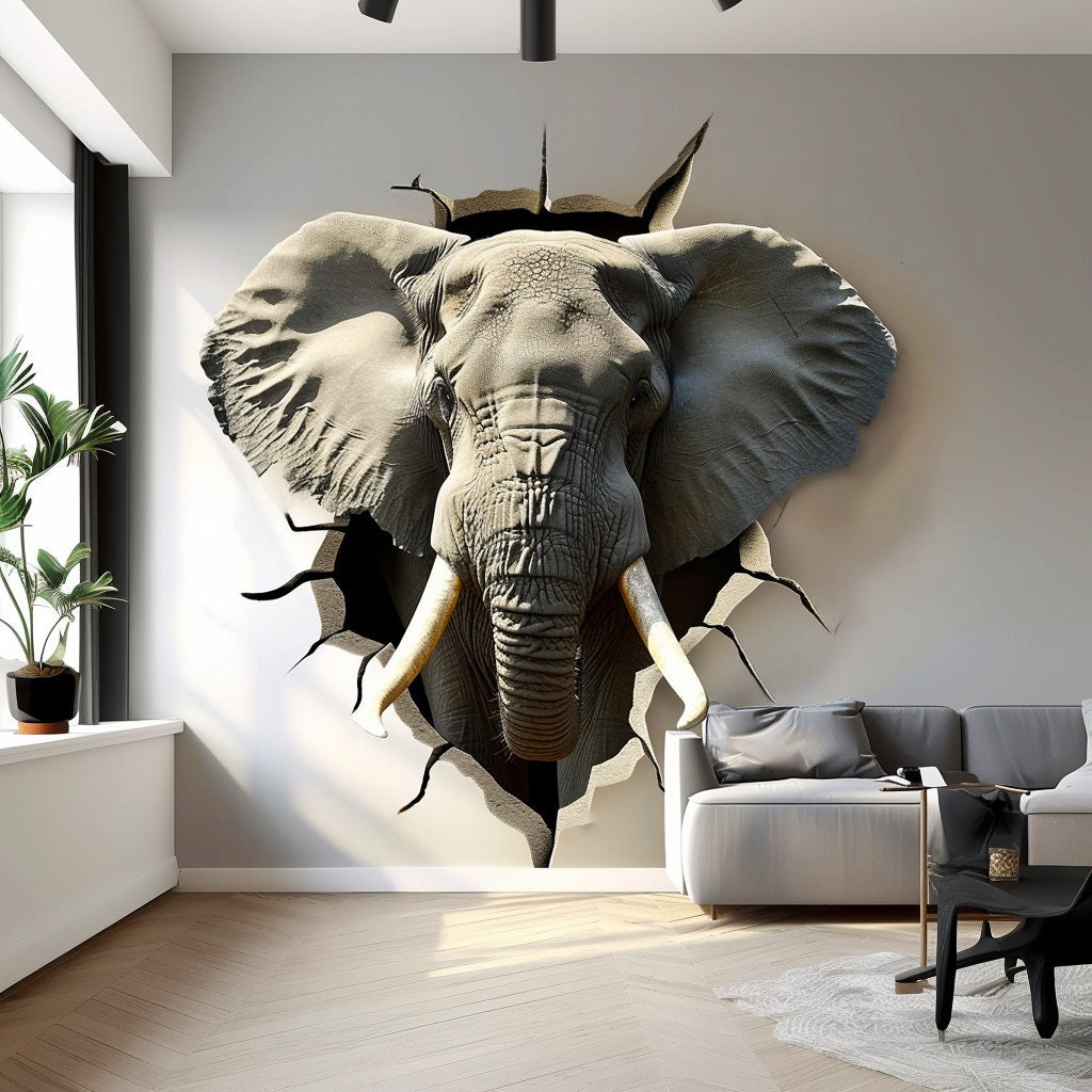 3D Elephant Head Wall Sticker - Realistic Broken Illusion Effect Vinyl ...