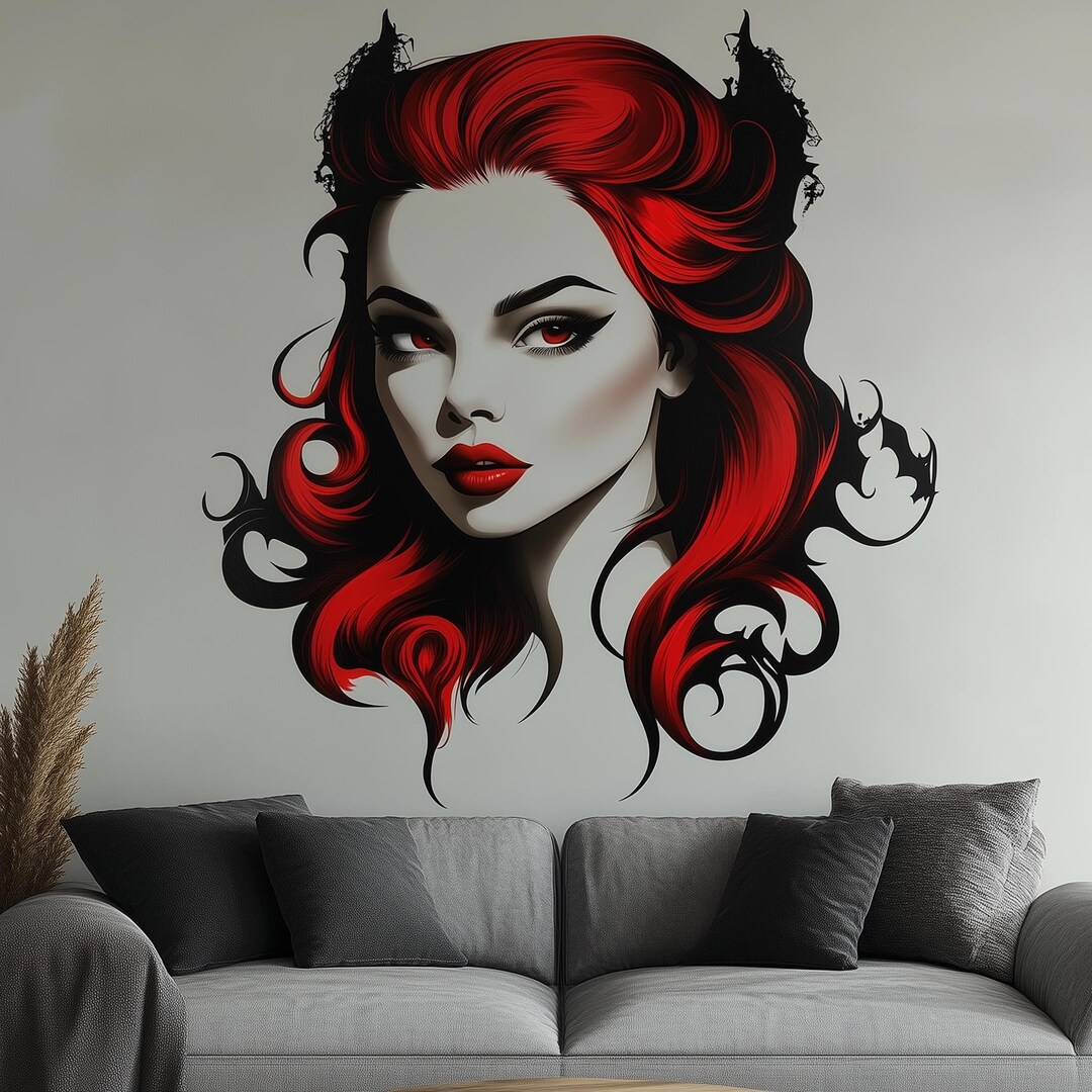 Gothic Vampire Wall Decal | Dark Fantasy Woman Sticker | Red Hair Bat ...