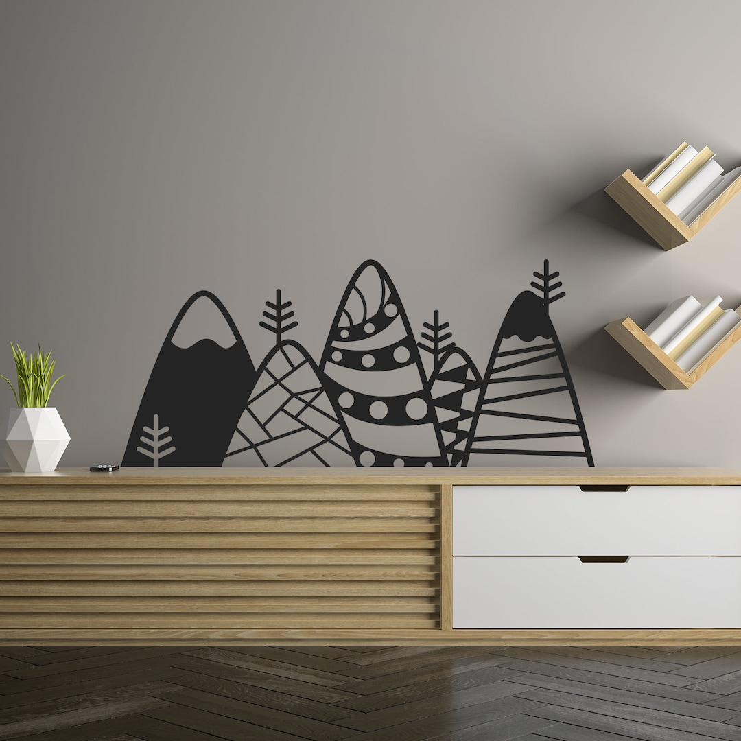 Patterned Mountain Wall Decor Decal - Kid Room Art Vinyl Home Black ...