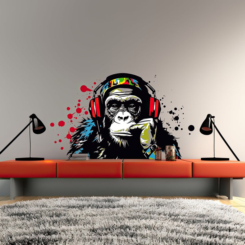 Wise Contemplative Ape With Tunes Wall Decal - Music-loving Primate ...