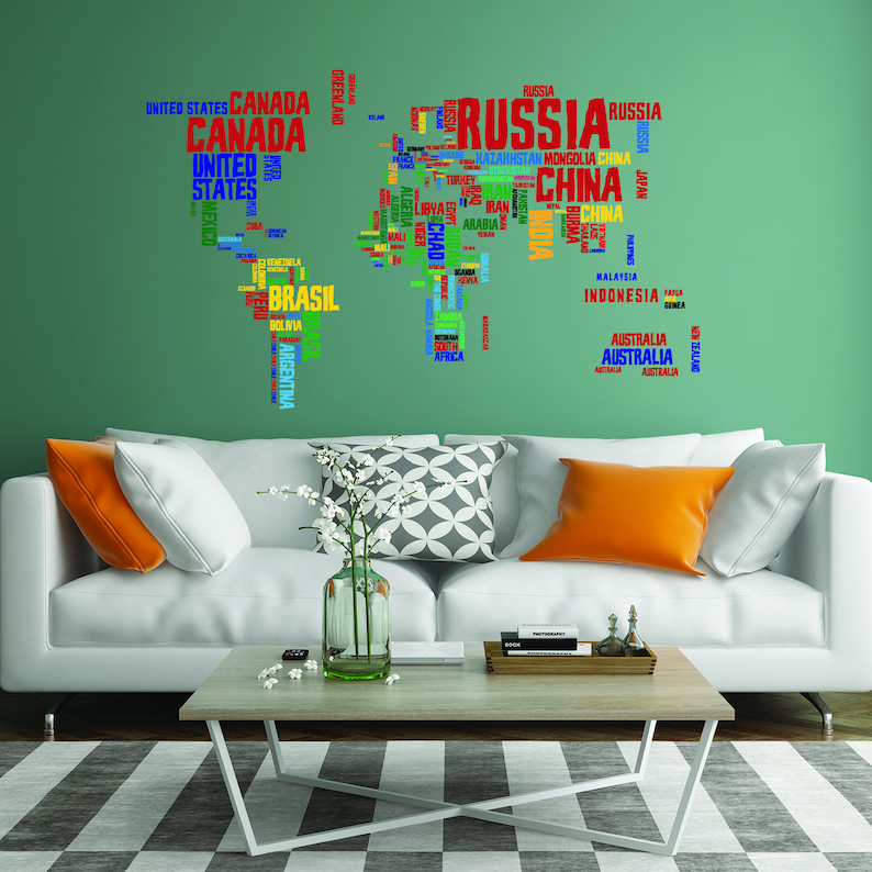 World Map Vinyl Wall Sticker - Country Name Word Kid Large Art Decor ...