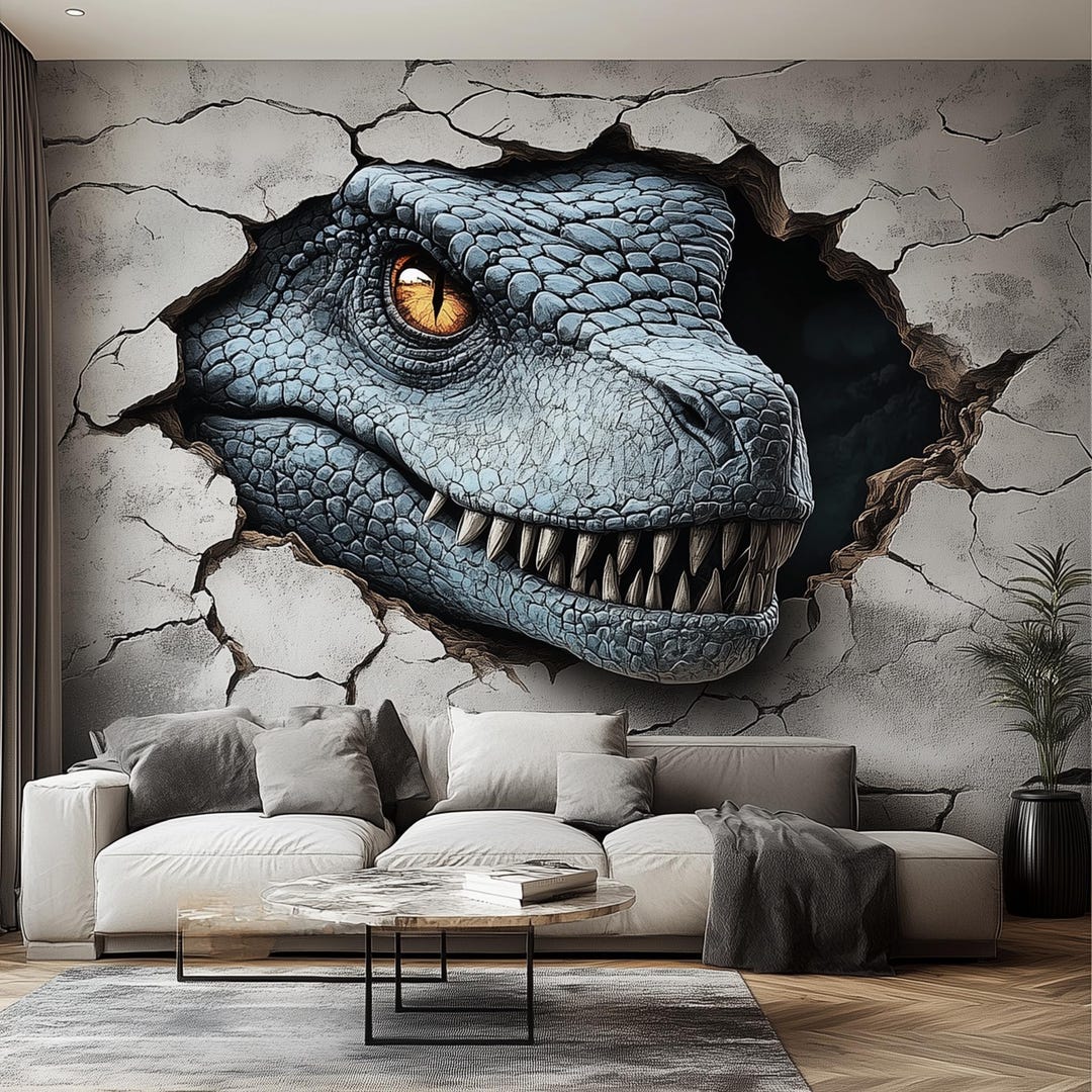 3D Dinosaur Wall Mural | Realistic Blue Raptor Wall Decal | Jurassic ...
