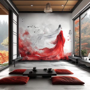 Elegant Asian-inspired Wall Mural | Red & White Artistic Wallpaper ...