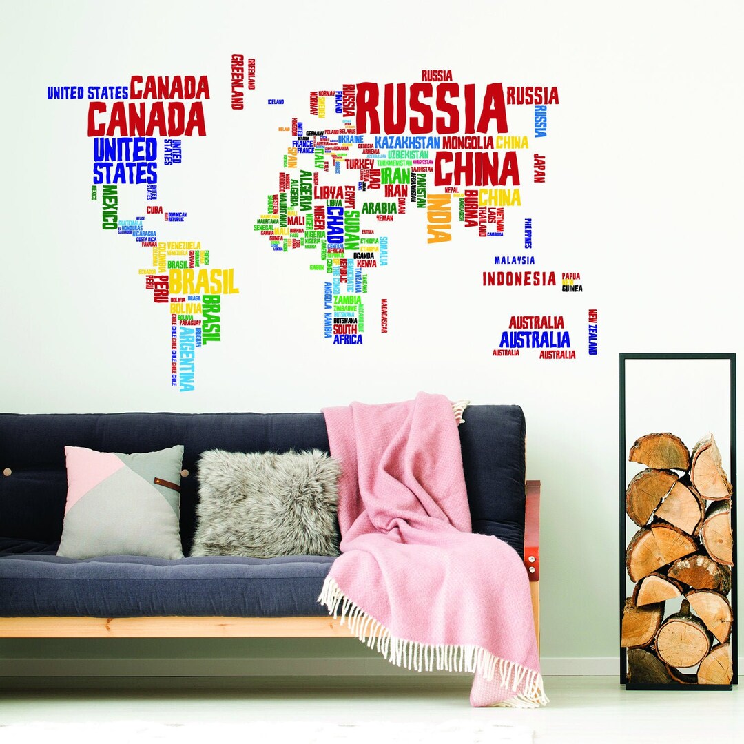 World Map Vinyl Wall Sticker - Country Name Word Kid Large Art Decor ...